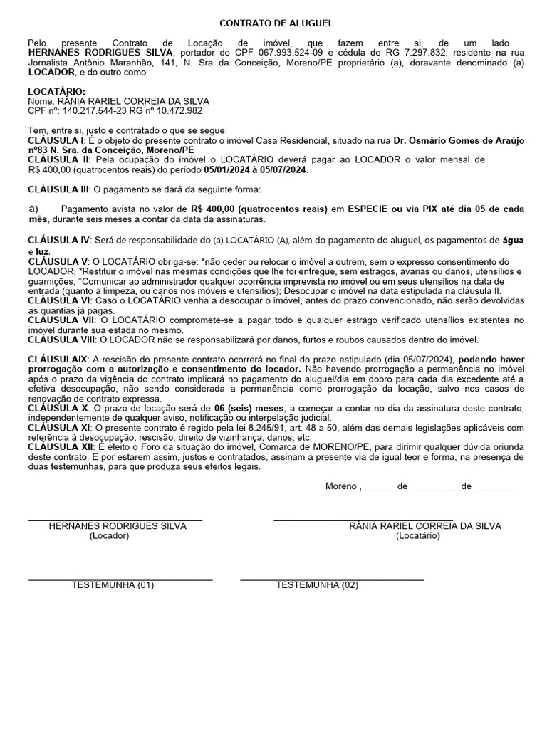 Contrato De Locação De Casa Pdf Aluguel Conceitos Jurídicos