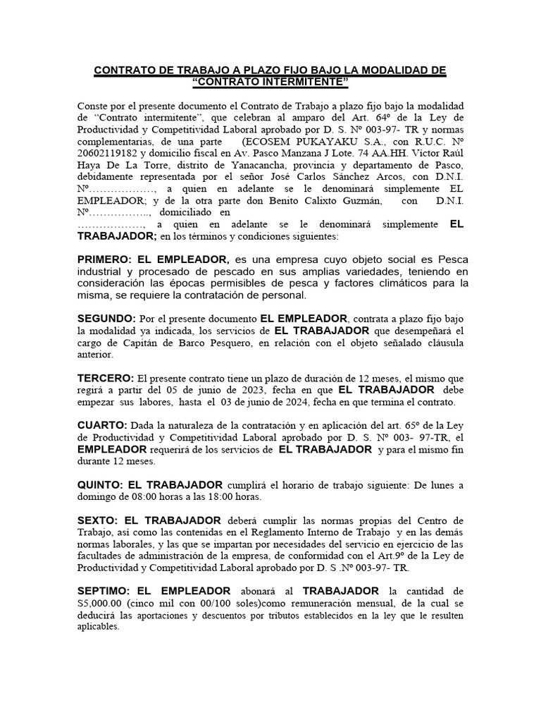 Contrato de Trabajo Intermitente | PDF | Derecho laboral | Economias