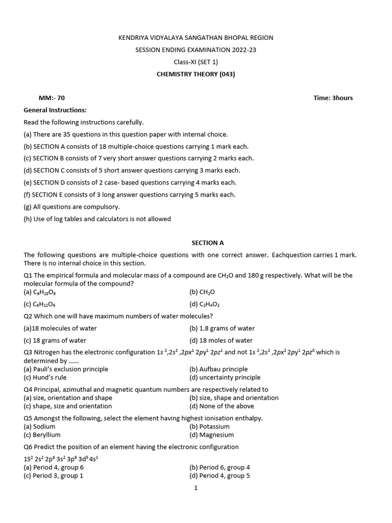 QP SET 1 Class XI CHEM SEE 2022-23 | PDF