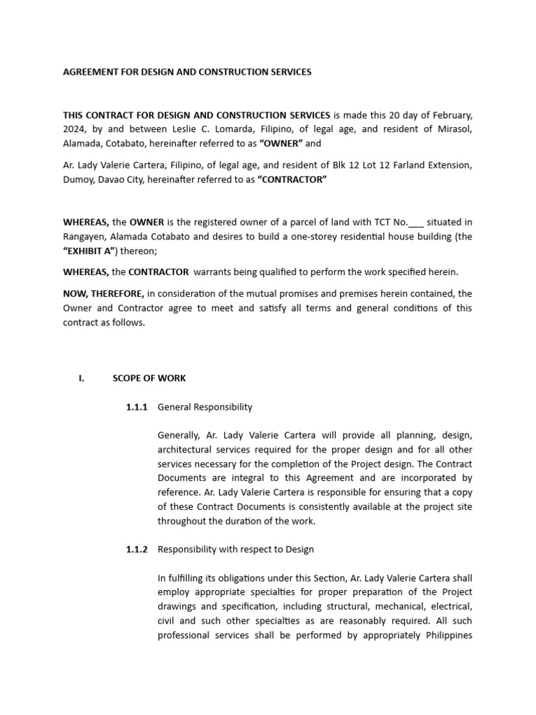 Agreement For Design and Construction Services 1 | PDF | Common Law ...