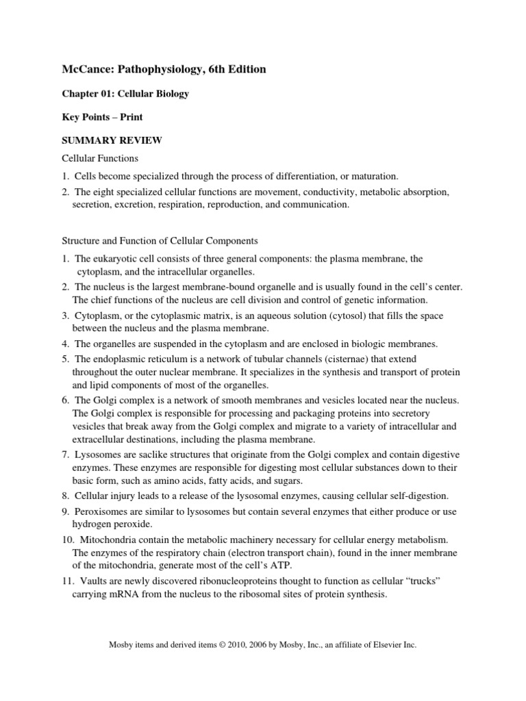 Mccance: Pathophysiology, 6Th Edition: Chapter 01: Cellular Biology Key ...
