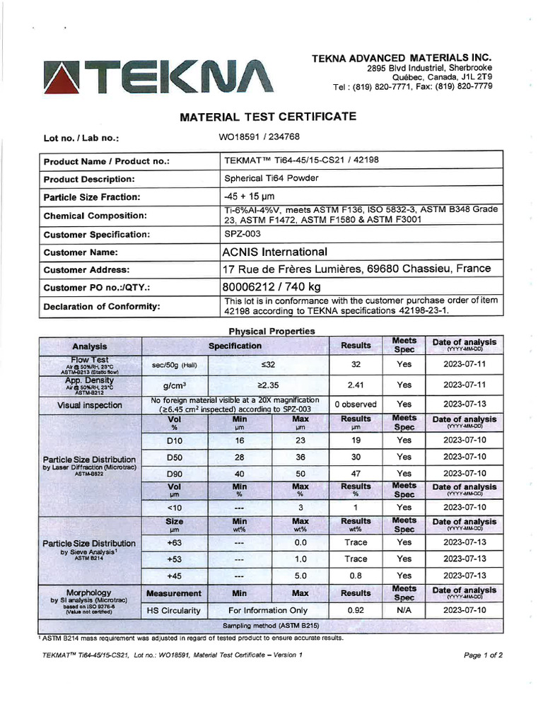 Certificate + MSDS - Heat - Lot Wo18591 - 234768 | PDF