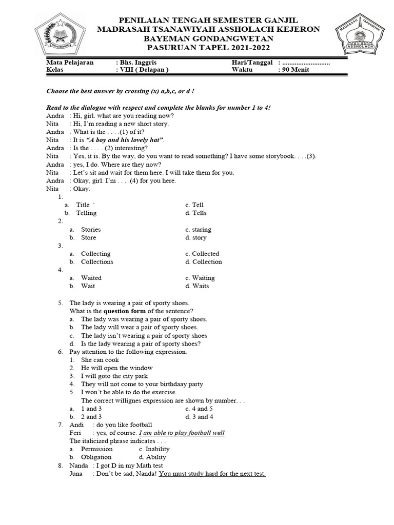Soal PTS Ganjil VIII 2021-2022 | PDF