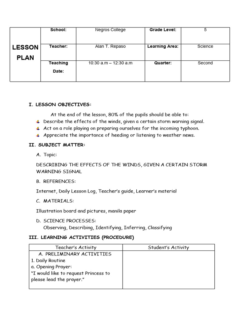 Detailed Lesson Plan in Grade 5 Science | PDF | Tropical Cyclones | Typhoon