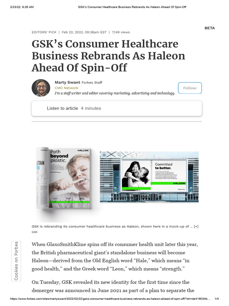 GSK's Consumer Healthcare Business Rebrands As Haleon Ahead of Spin-Off | PDF