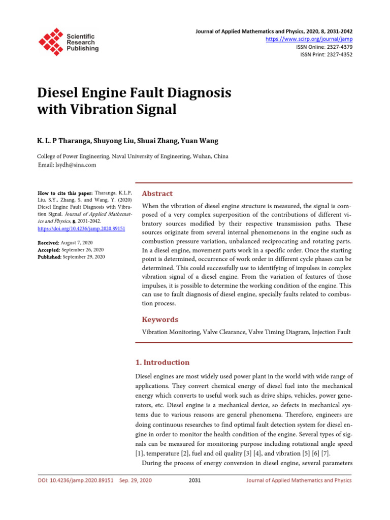 Diesel Engine Fault Diagnosis With Vibratioln Signal Pdf Engines Diesel Engine