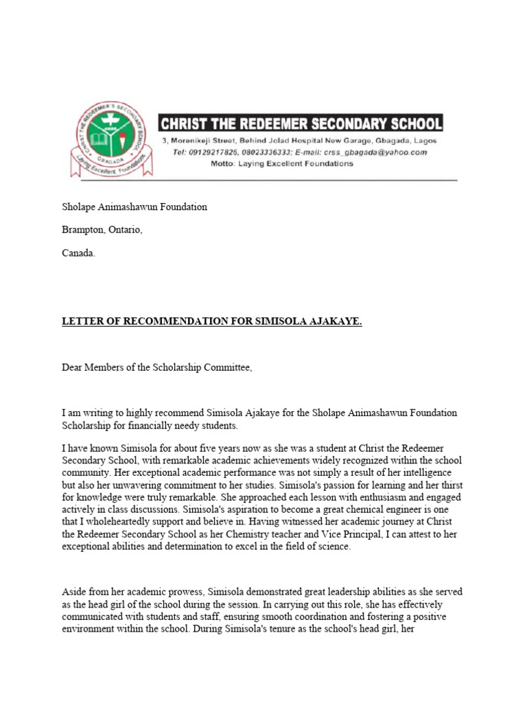 Recommendation Letter For Simisola Deborah Ajakaye | PDF | Psychological Resilience | Learning