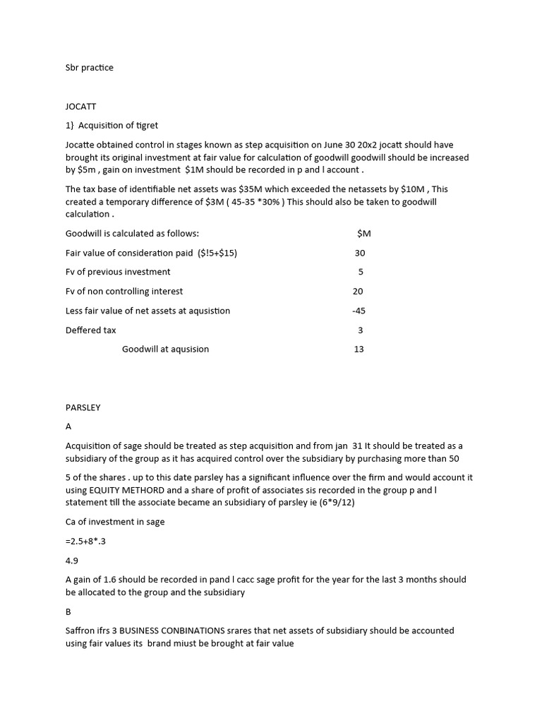 SBR Practice | PDF | Goodwill (Accounting) | Fair Value