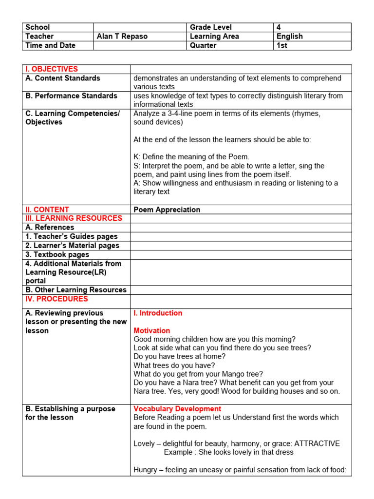 Poem Appreciation Lesson Plan for Grade 4 | PDF | Language Arts ...