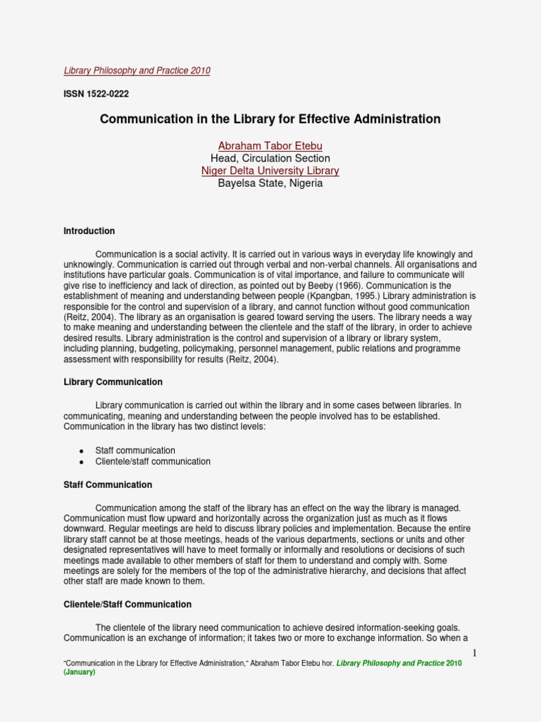 Communication in The Library For Effecti | PDF | Libraries | Communication