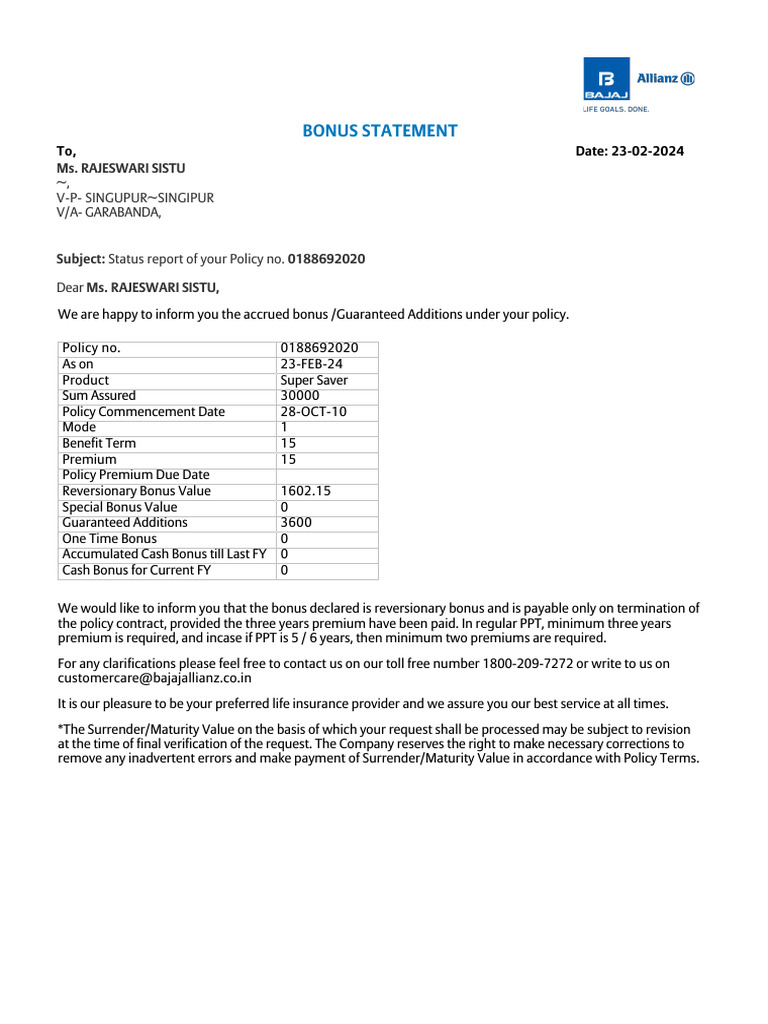 Bajaj Allianz Bonus Statement | PDF | Life Insurance | Insurance