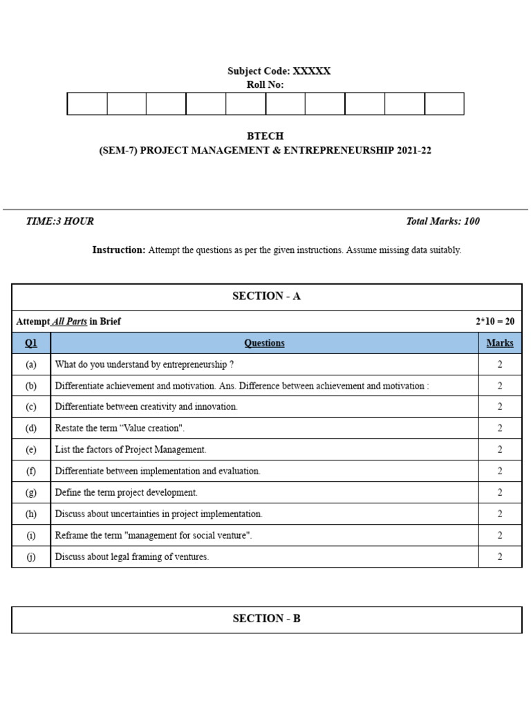 Previous Year Paper - PROJECT-MANAGEMENT-ENTREPRENEURSHIP-Question ...
