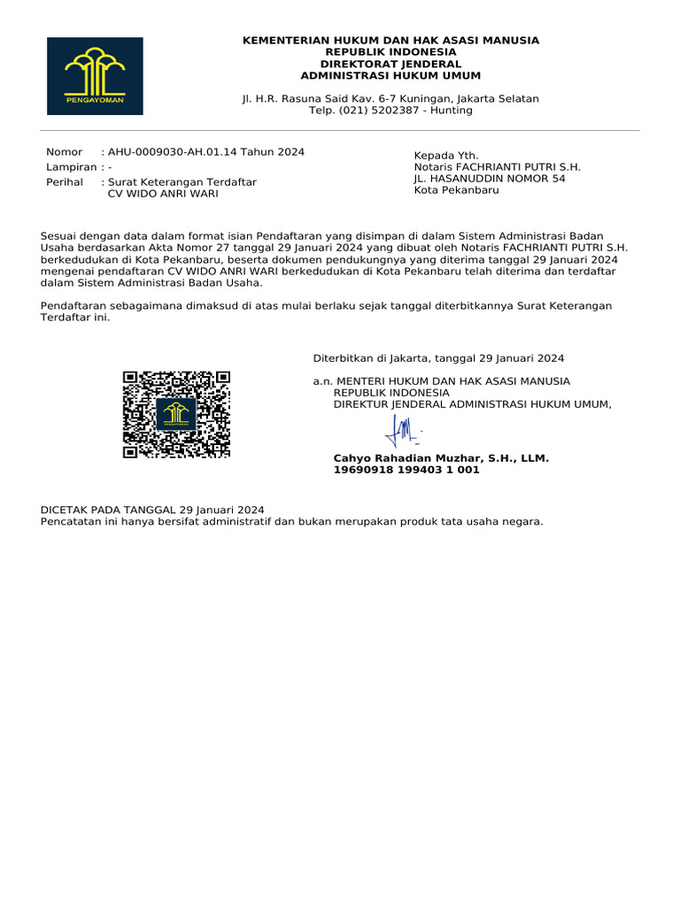 Surat Keterangan Terdaftar AHU-0009030-AH.01.14 Tahun 2024 | PDF