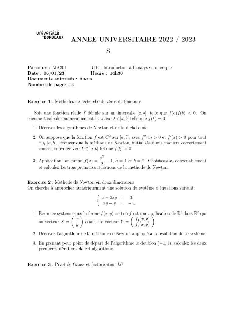 Devoir MA301: Analyse Numérique | PDF