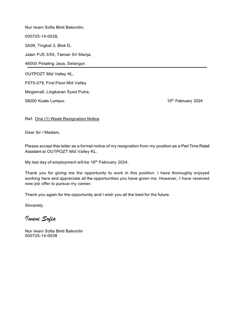 MVKL Iwani Sofia - Resignation Letter | PDF