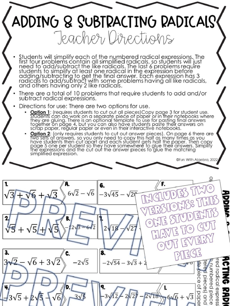 Adding Subtracting Radicals PREVIEW | PDF