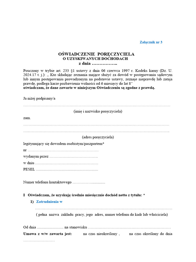 Zał. NR 3 Oświadczenie Poręczyciela o Uzyskiwanych Dochodach | PDF