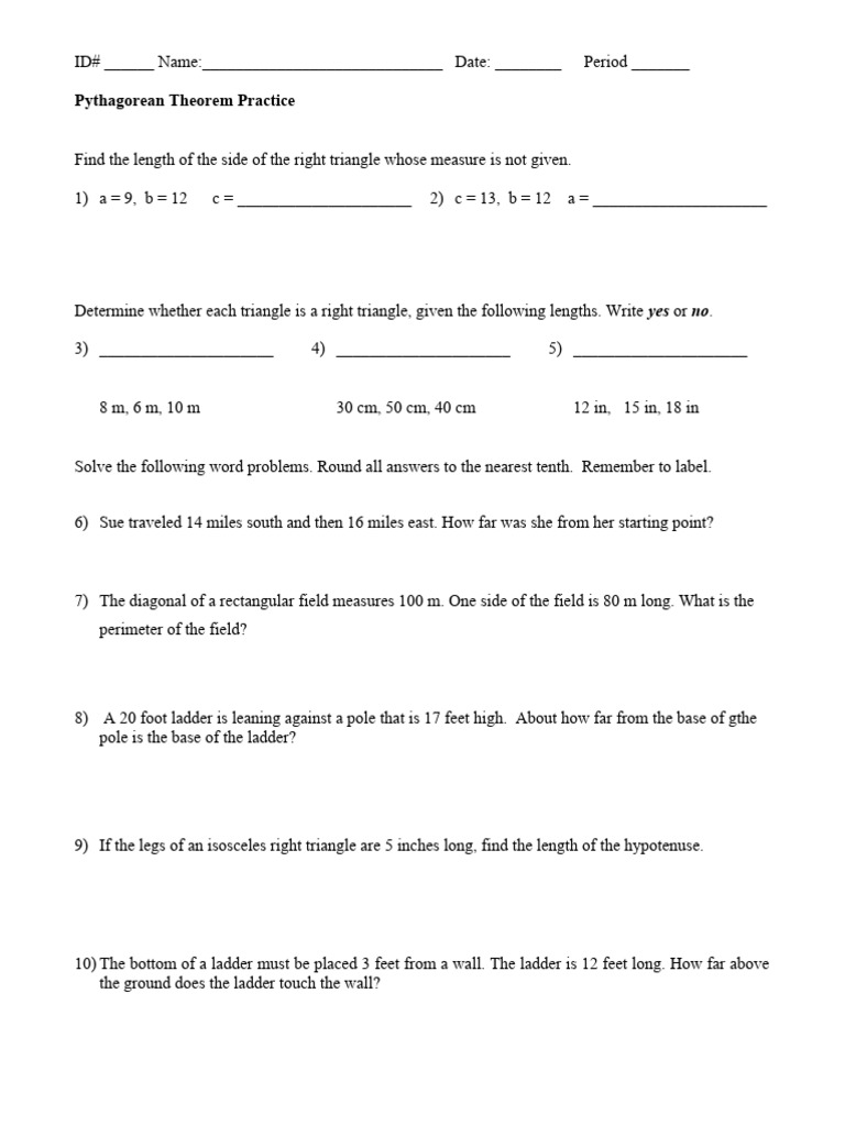 Math 8 Quiz 12 - Pythagorean Theorem - PRACTICE - With Answers ...