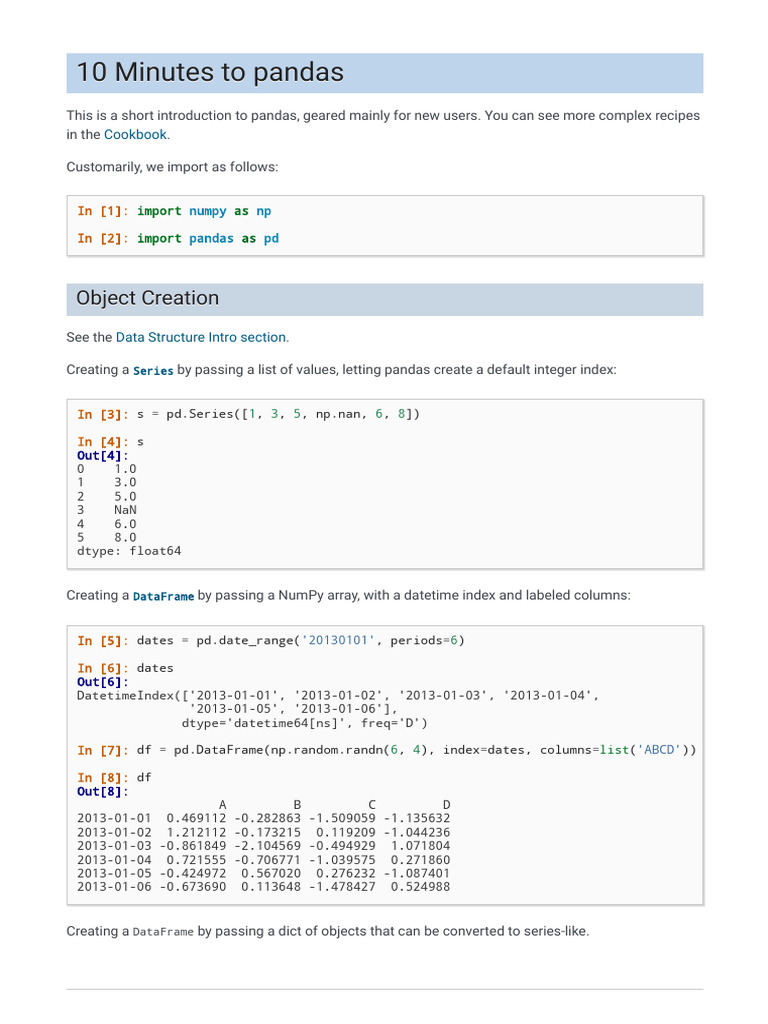 10 Minutes To Pandas - Pandas 0.24.2 Documentation113122 | PDF