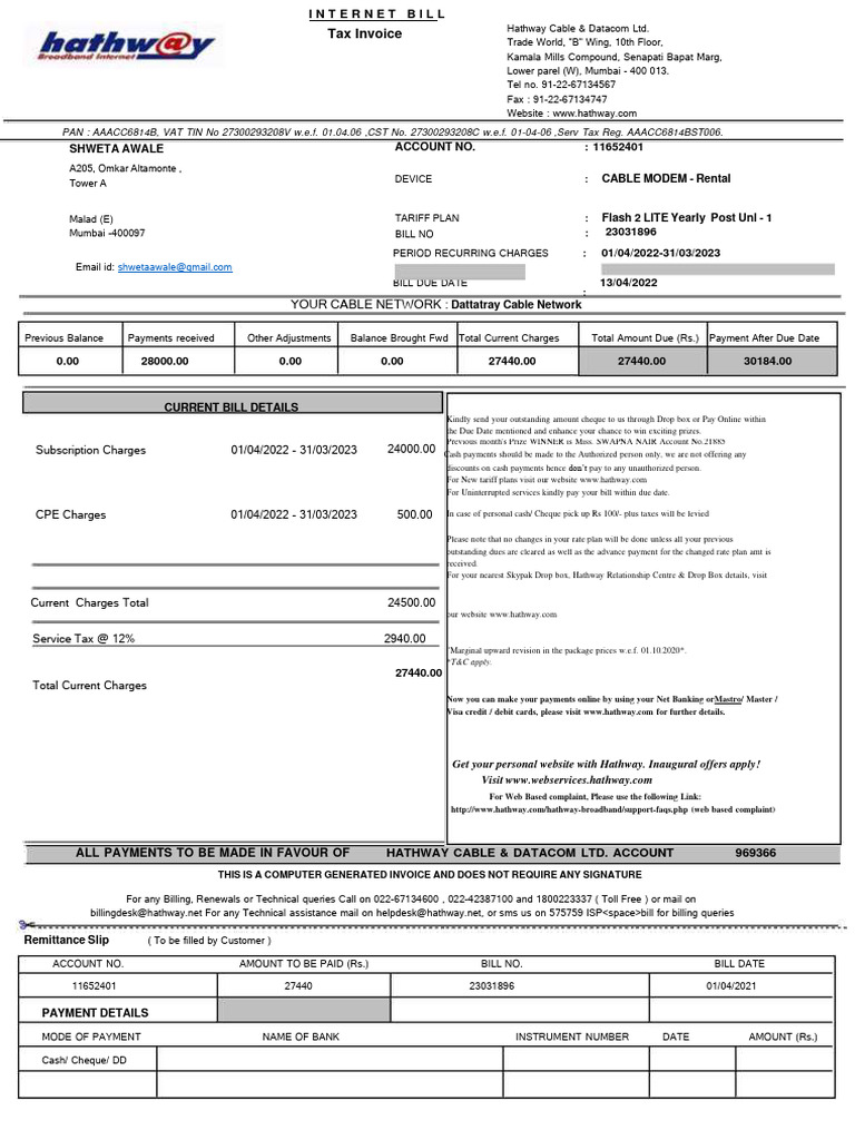 Hathway Internet Bill_2022-2023 | PDF | Payments | Invoice