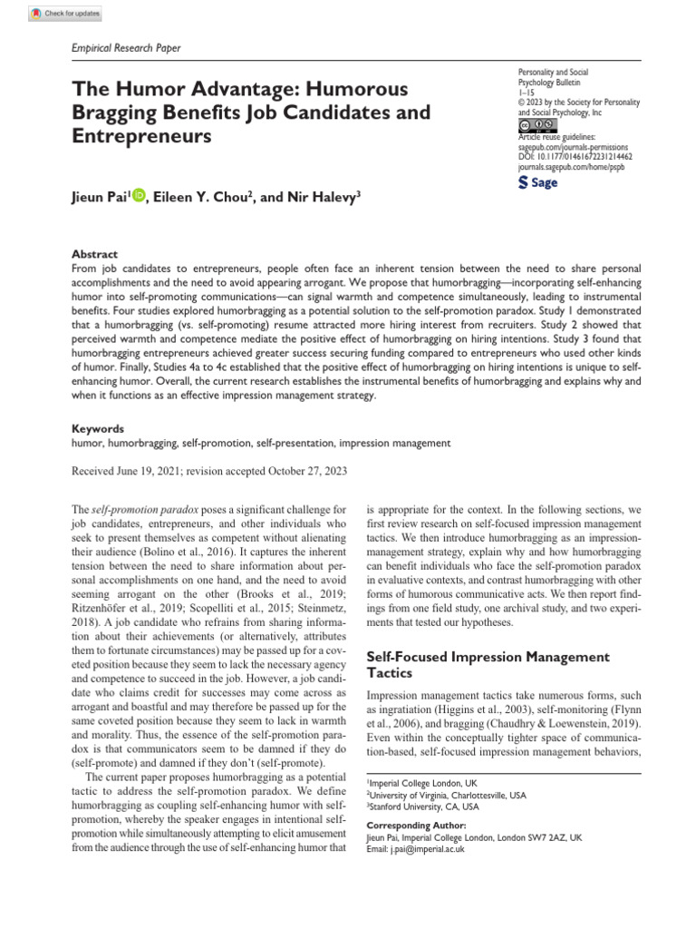 Pai Et Al 2023 The Humor Advantage Humorous Bragging Benefits Job ...