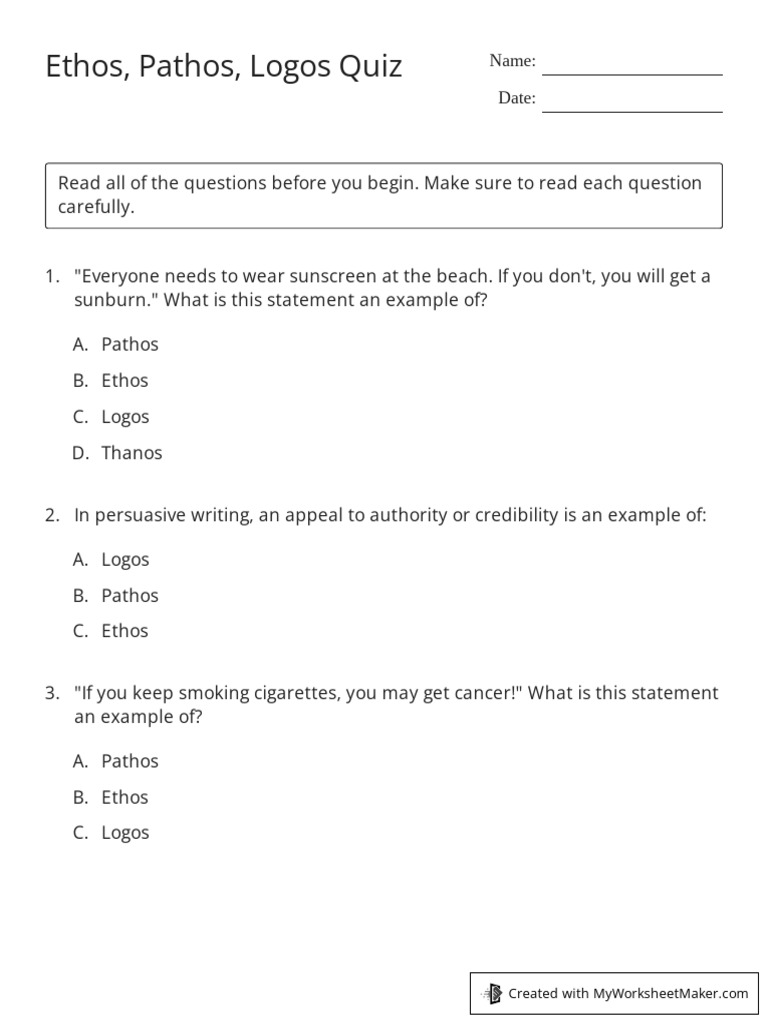Ethos Pathos Logos Quiz | PDF