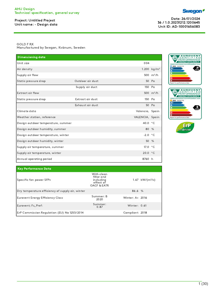 Swegon GOLD F RX AHU Design Specs | PDF | Duct (Flow) | Humidity