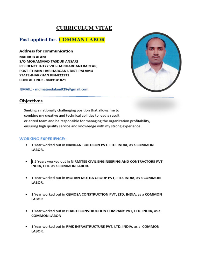 Mahboob Bhai CV | PDF