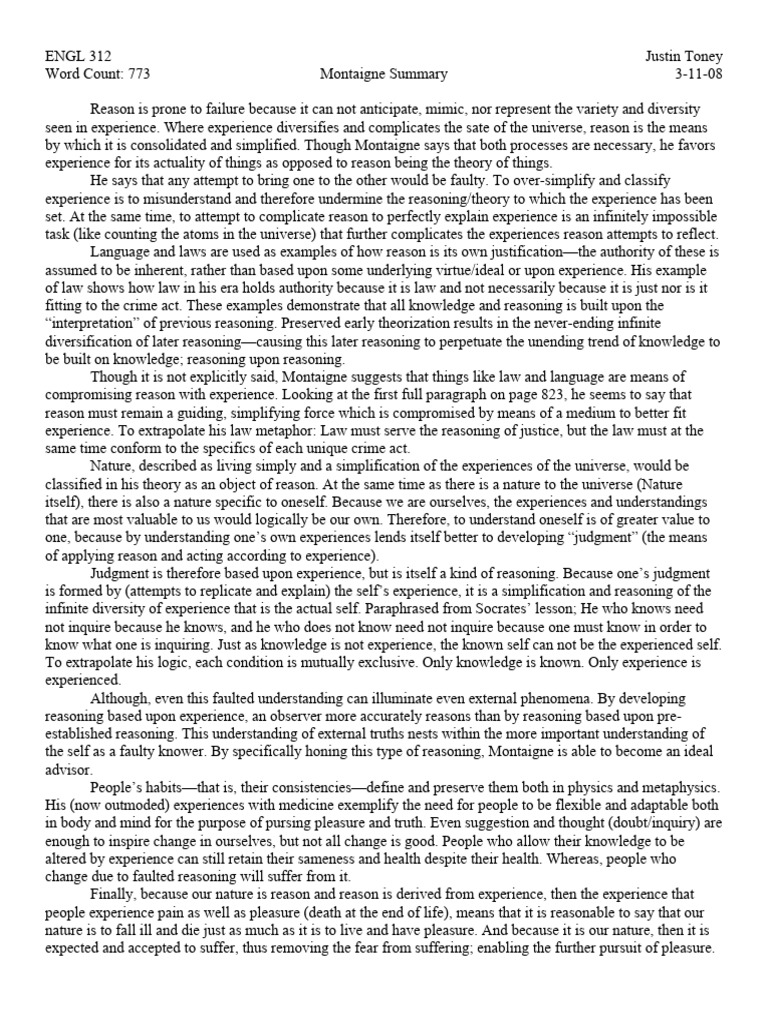 Montaigne Summary | PDF | Reason | Experience