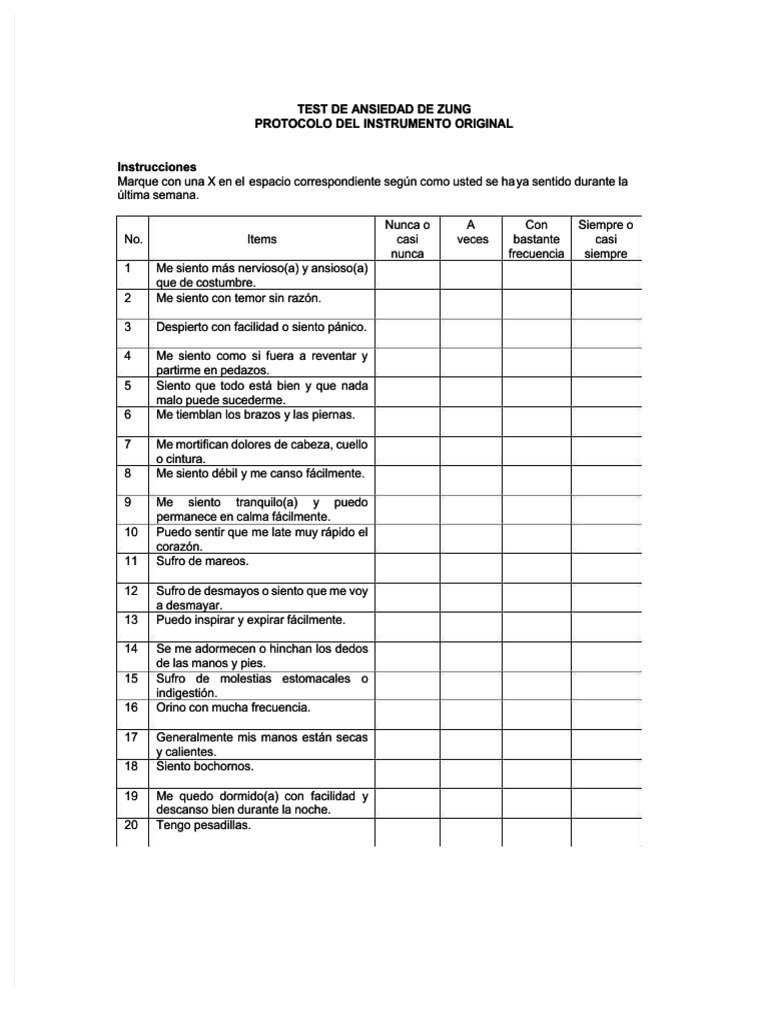 PDF Protocolo de Test de Ansiedad de Zung - Compress | PDF