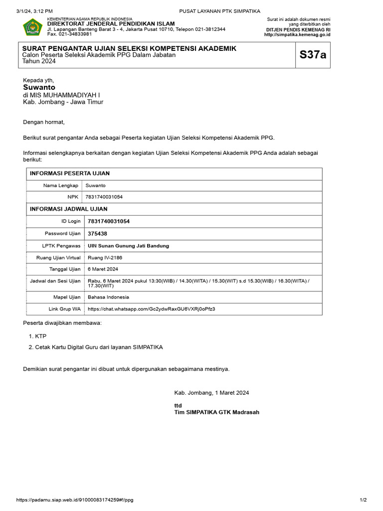 SUWANTO Kartu Selak PPG | PDF