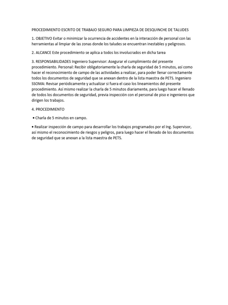 Procedimiento Escrito de Trabajo Seguro para Limpieza de Desquinche de ... Procedimiento Escrito de Trabajo Seguro para Limpieza de Desquinche de ...