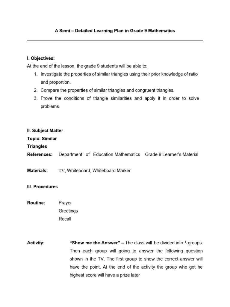 A Semi - Detailed Learning Plan in Grade 9 Mathema | PDF | Triangle | Shape