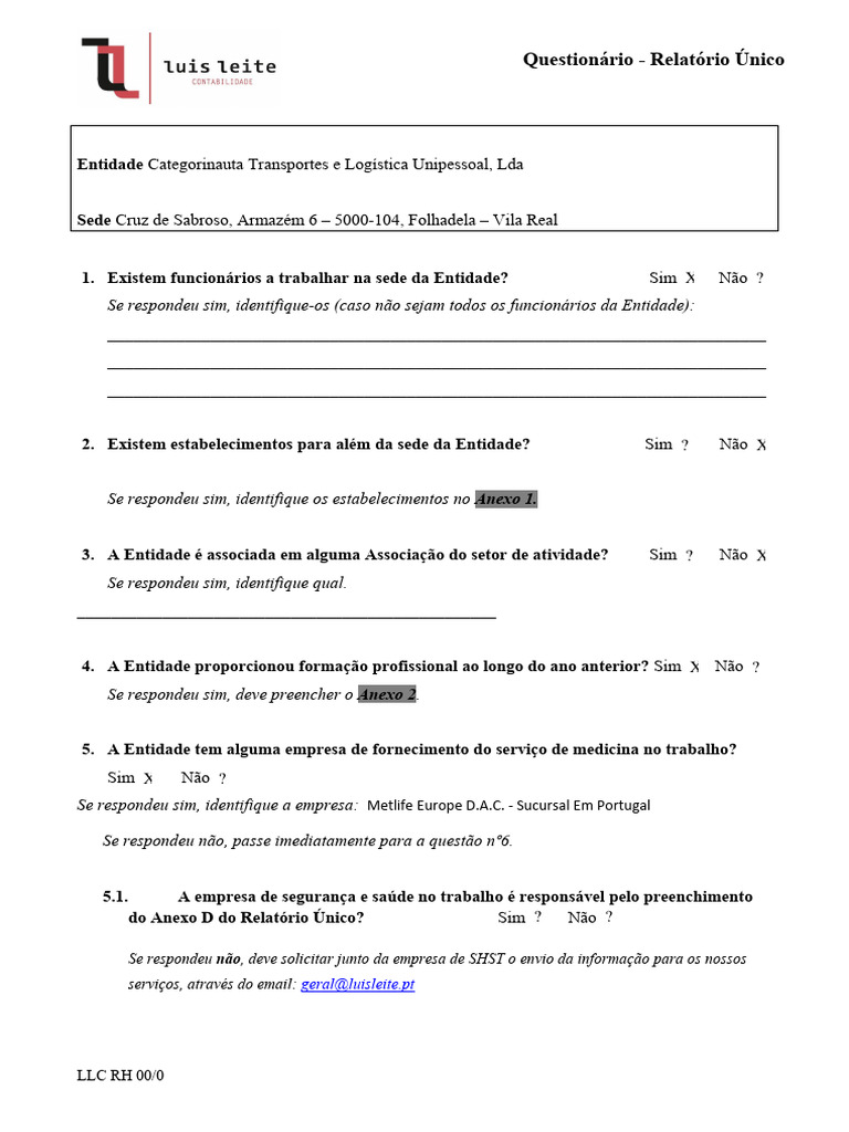LLC 66 - 0 - Questionario Relatório Unico | PDF
