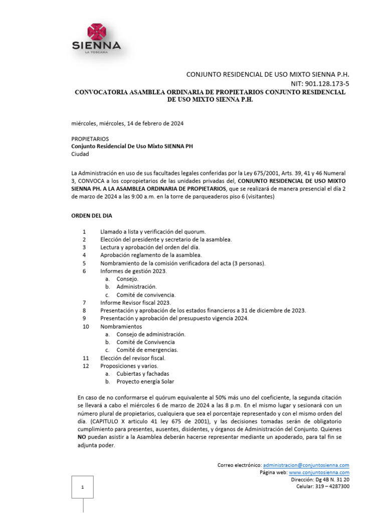 Convocatoria Asamblea Ordinaria Sienna | PDF | Condominio | Gobierno