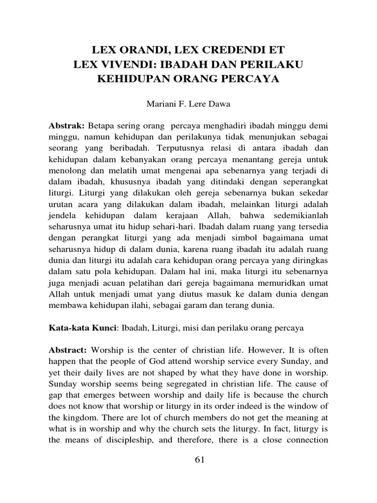 Lex Orandi Lex Credendi Et Lex Vivendi I | PDF