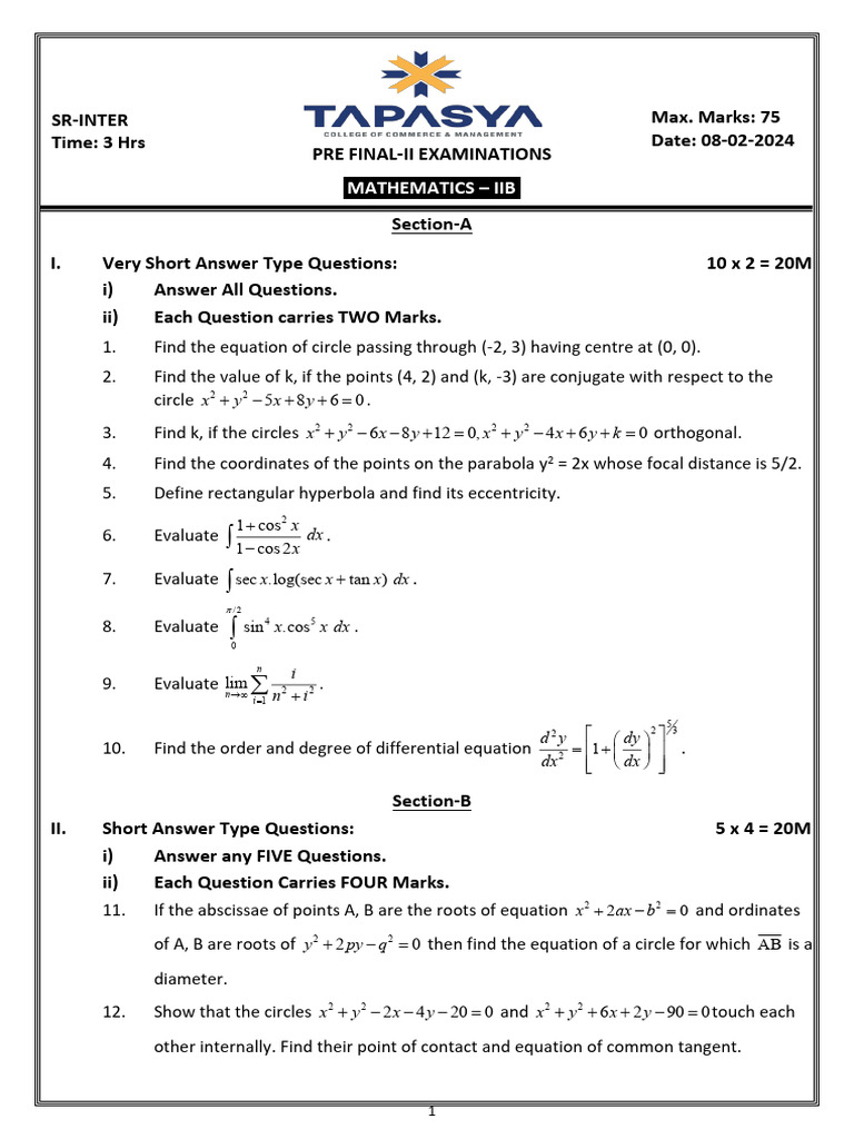IPE SR Maths IIB Pre Final II Examinations QP at 08-02-2024 1 | PDF