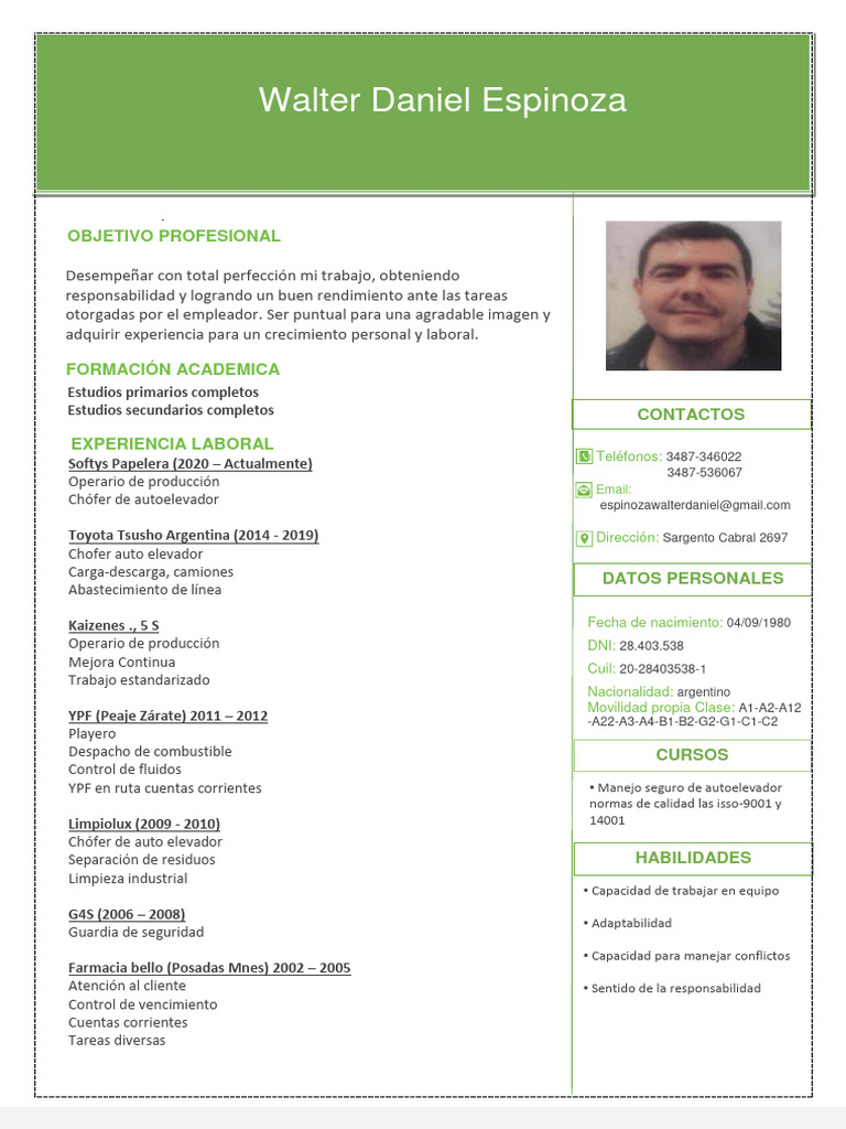 Walter Daniel Espinoza - CV Nuevo 2024 | PDF