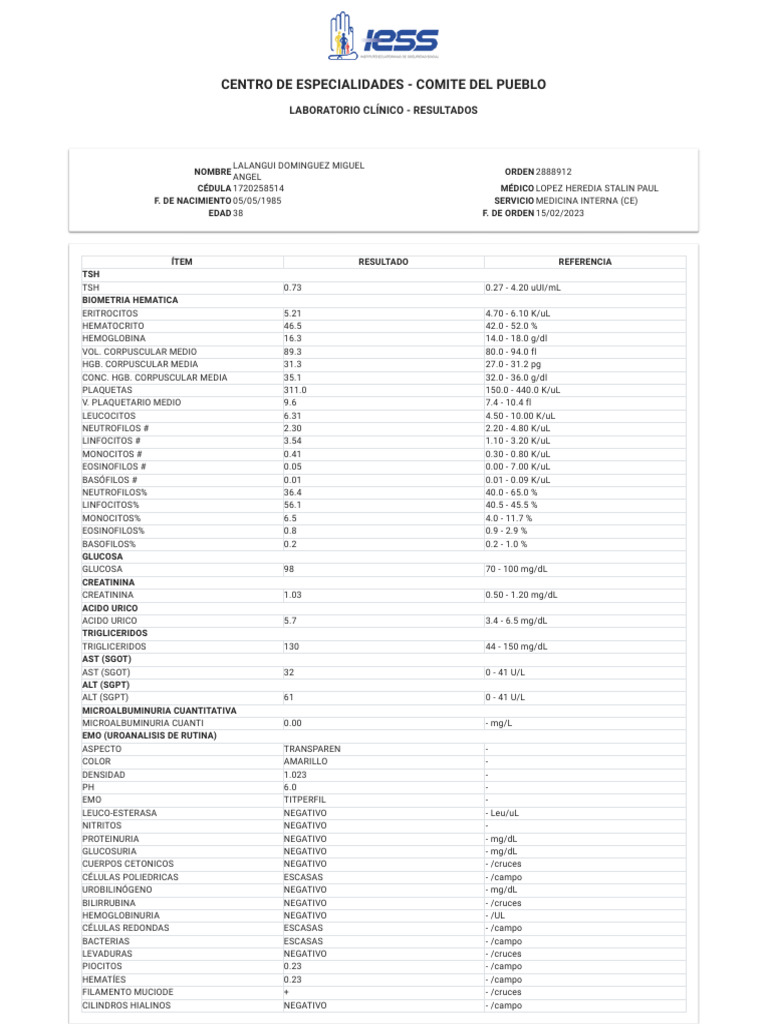Resultados de Exámenes de Laboratorio | PDF | Medicina | Anatomía