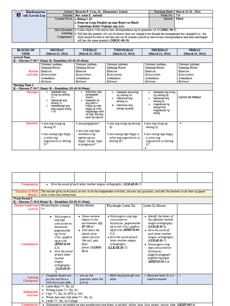 Kindergarten Daily Lesson Log: Routine Activities | PDF