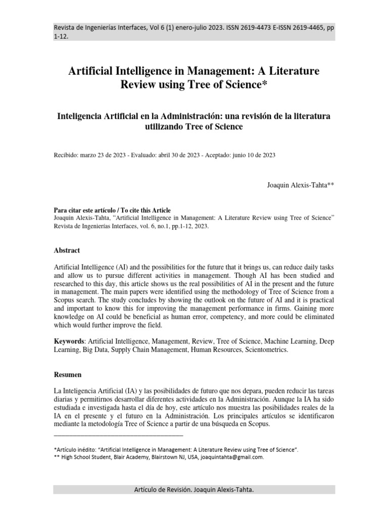 Artificial Intelligence in Management: A Literature Review using Tree of Science* | PDF