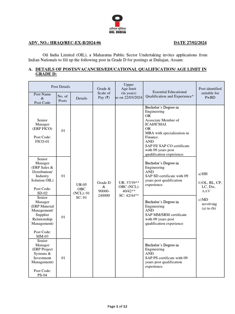 Oil India Notification Application Form | PDF | Enterprise Resource ...
