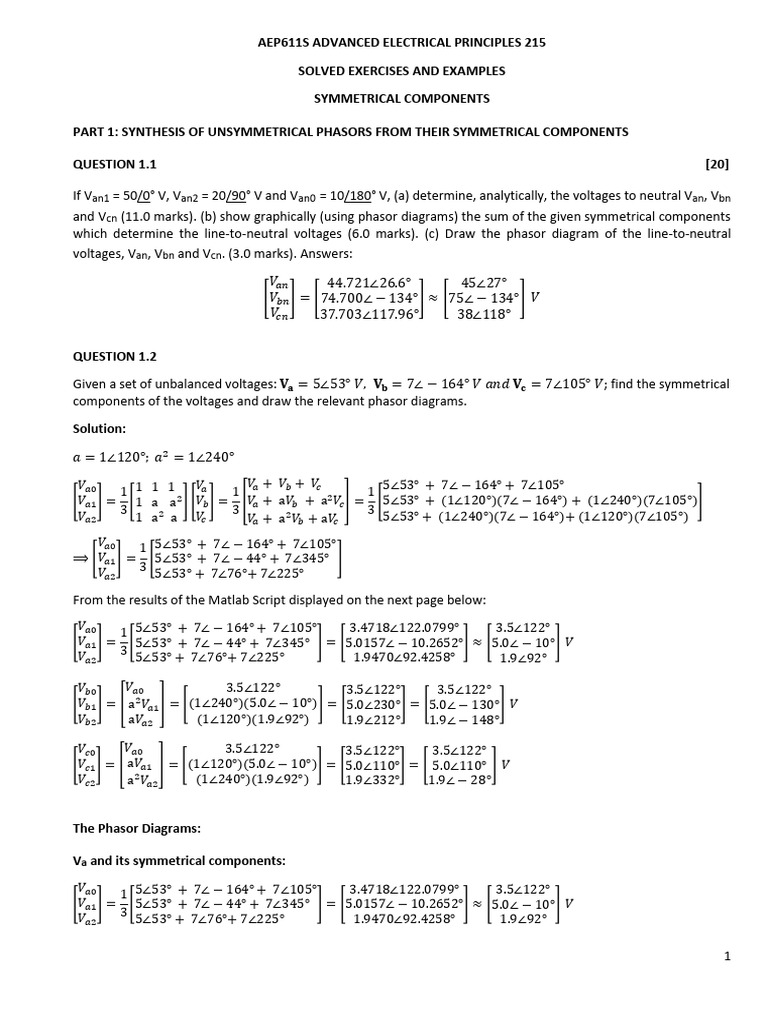 AEP611S Symmetrical Components Solved and Unolved Exercises 2024 | PDF ...