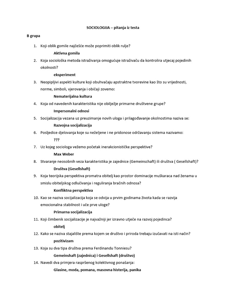 Sociologija Test Pitanja | PDF