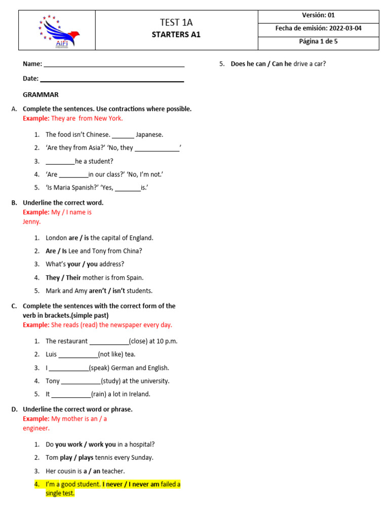 Test Starters A | PDF