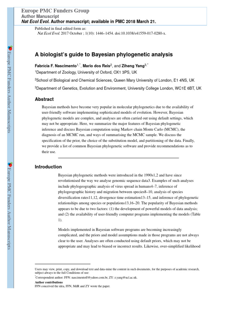 Nascimento Et Al 2017 A Biologit´s Guide To Bayesian Phylogenetic