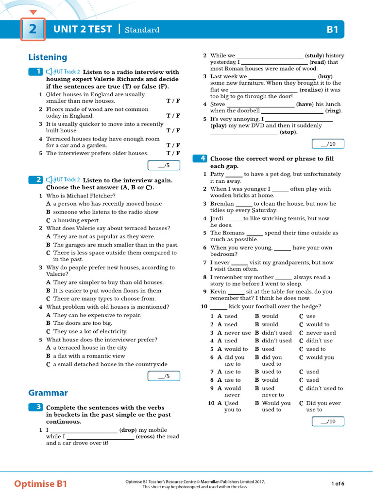 OPT B1 Unit Test 2 Standard | PDF | Bedroom