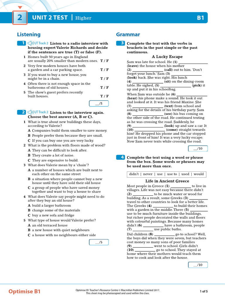 OPT B1 Unit Test 2 Higher | PDF