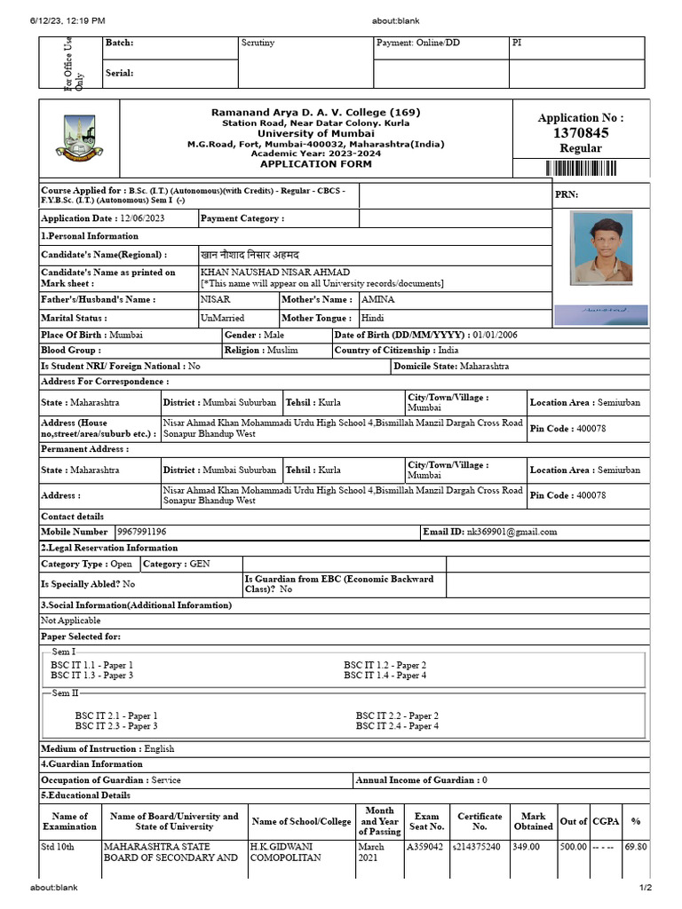 noushad university application form | PDF