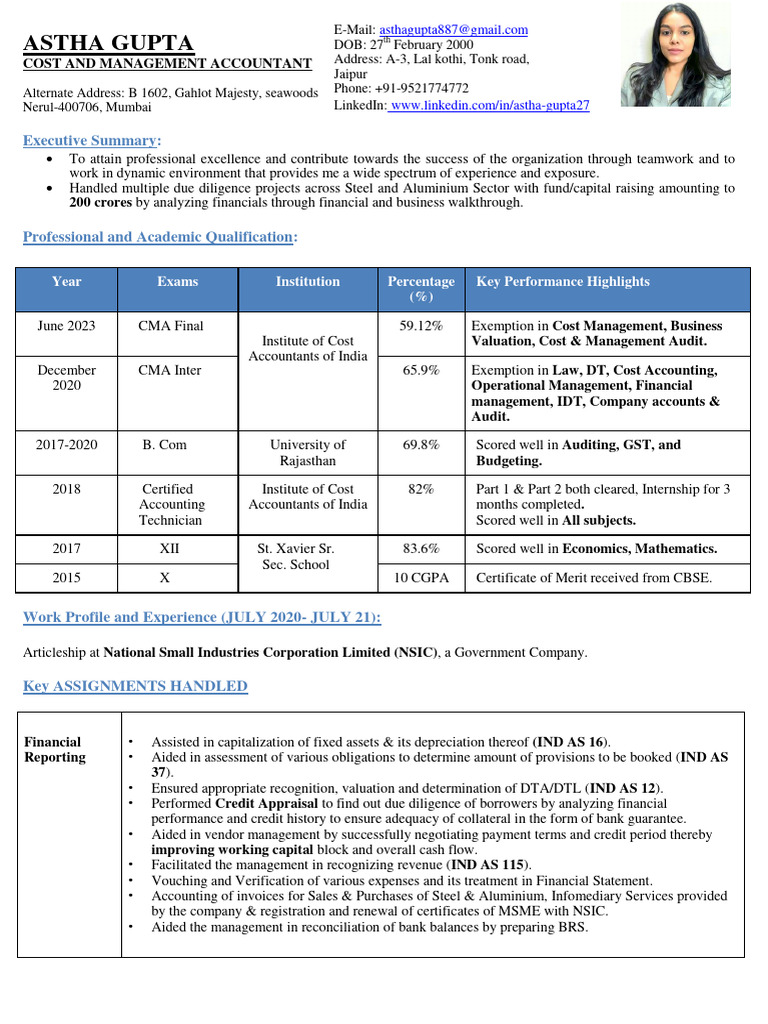 CV - Astha Gupta | PDF | Taxes | Financial Services